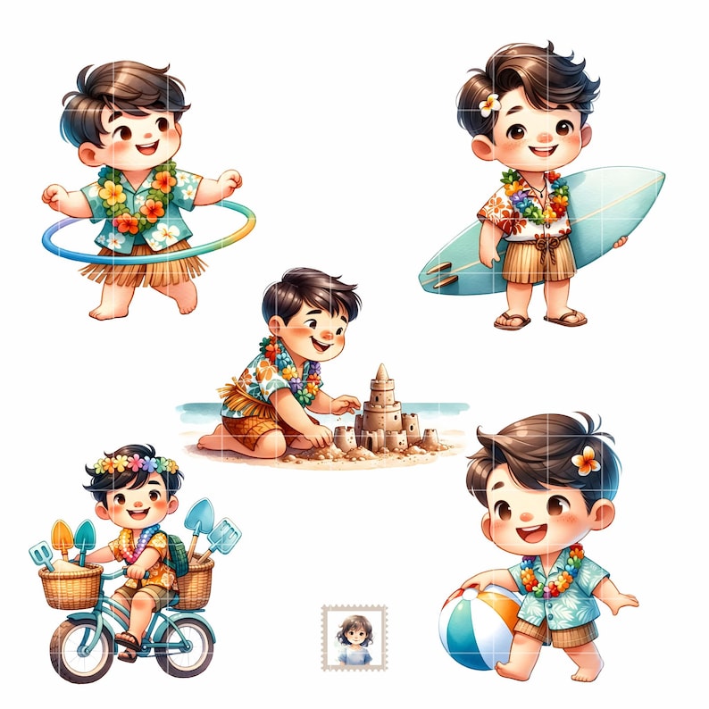 Summer Aloha Hawaiian Boy: 50 HQ Watercolor PNG Illustrations Instant ...