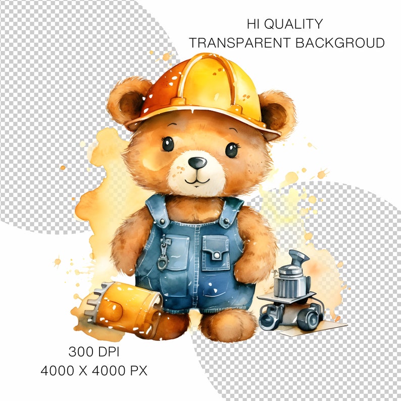 Ingenious Engineer Bears: Set of 12 Watercolor PNG Illustrations ...