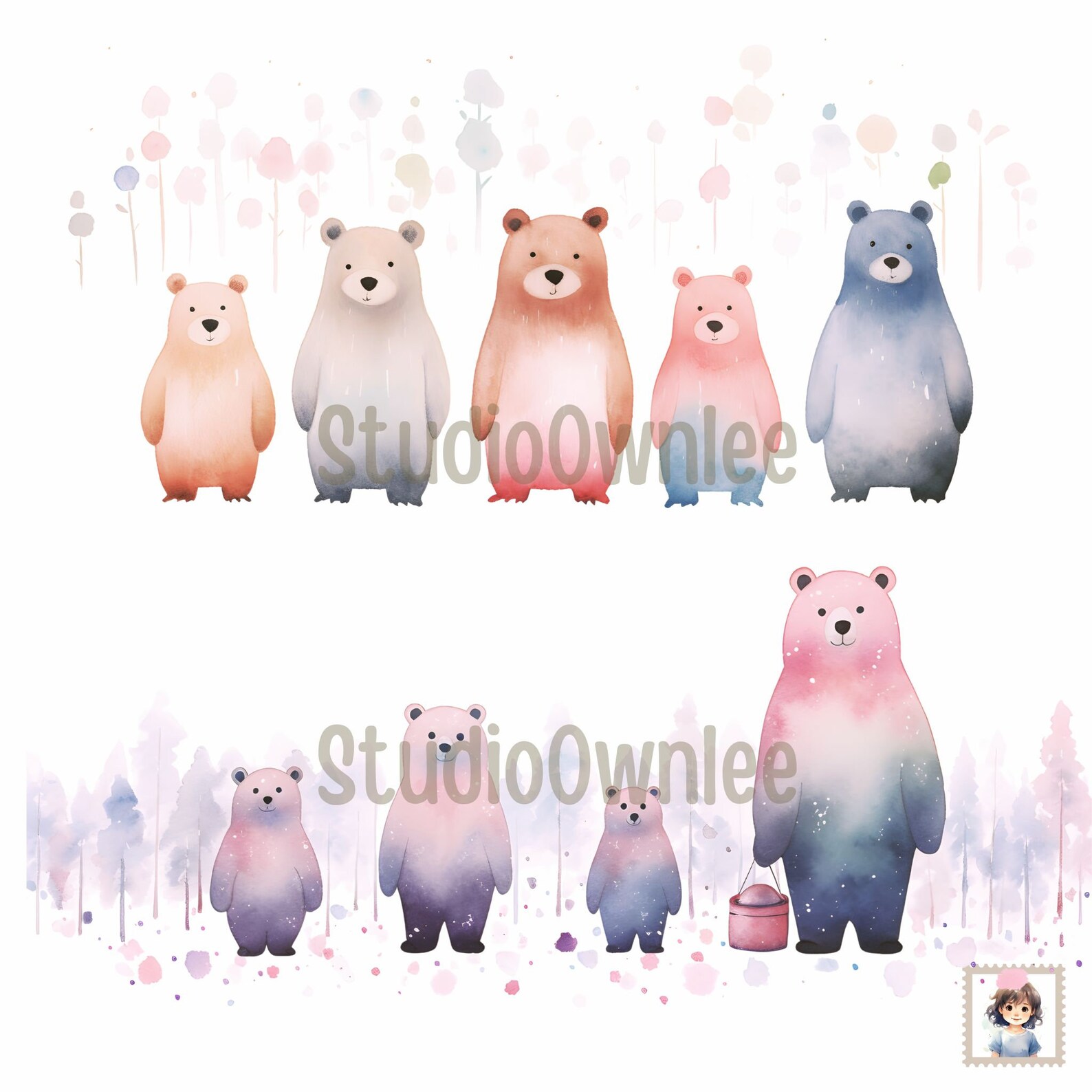 Watercolor Bear Family Clipart: 15 PNG Illustrations (digital Download ...