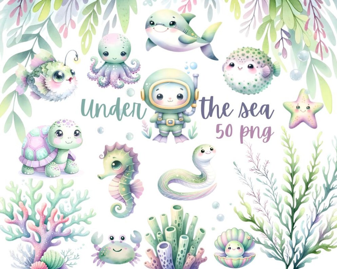 Undersea Wonders: 50 HQ Watercolor PNG Illustrations of Sea Ocean ...