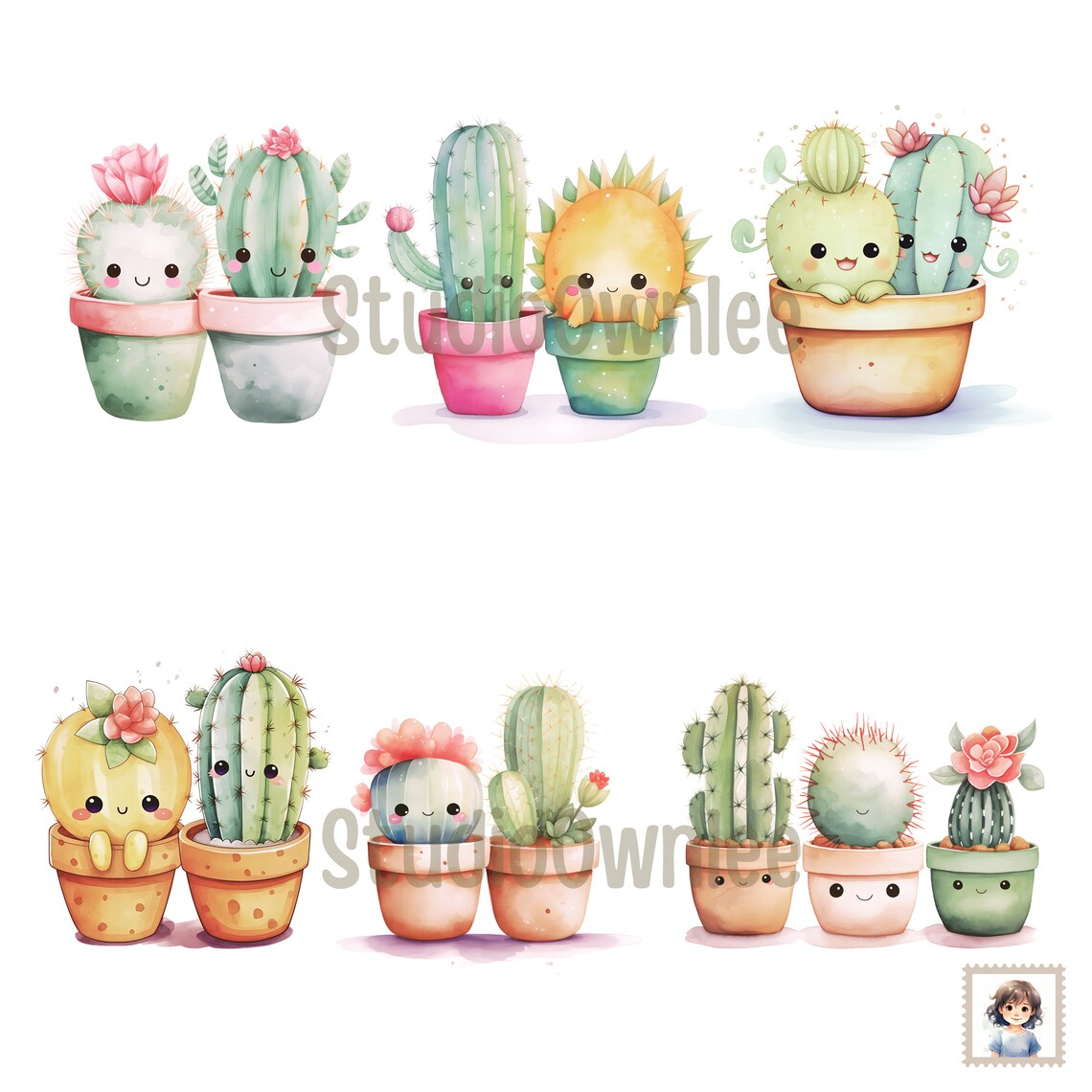 Kawaii Cactus Watercolor Clipart: Prickly Pals Pngs (digital Download ...