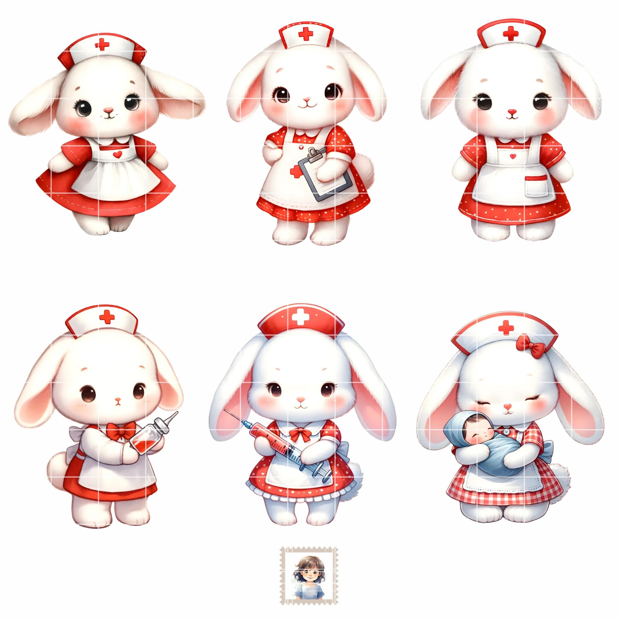 Whimsical Rabbit Nurse: 30 Watercolor PNG Illustrations Clipart instant ...