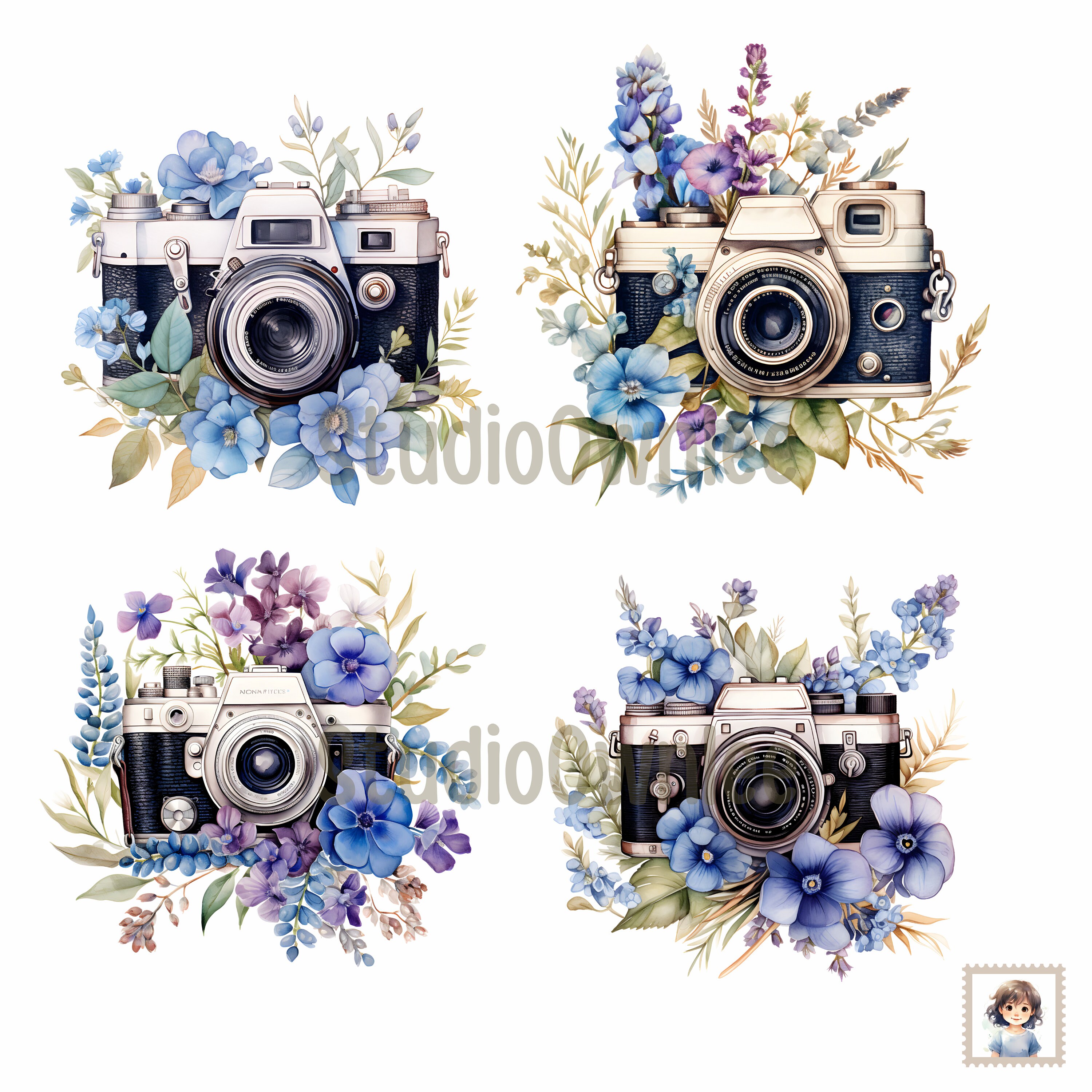 Vintage Captures: Watercolor Floral Retro Camera Clipart Instant ...