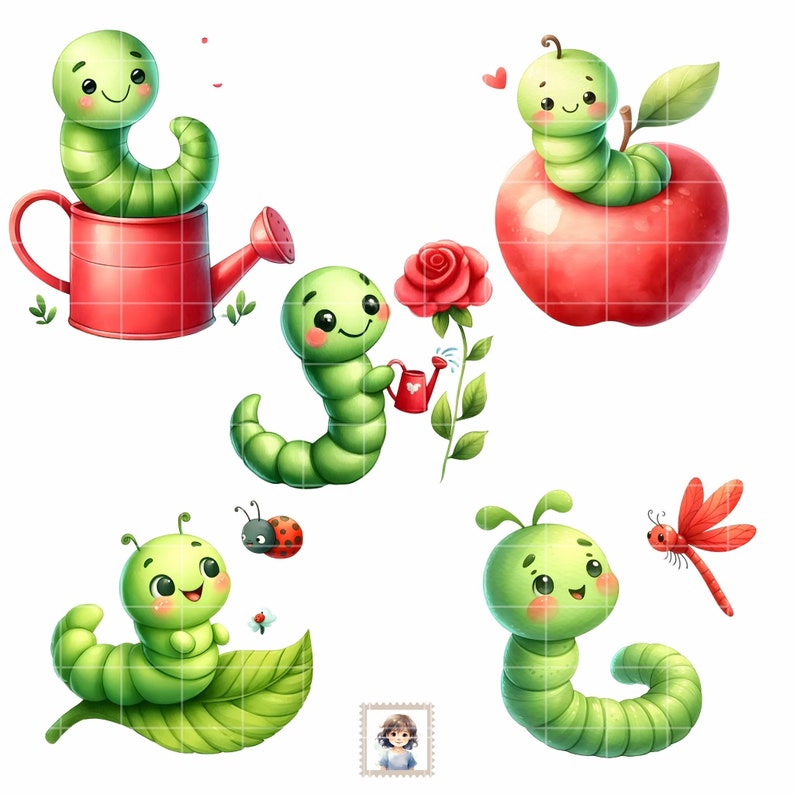 Cheerful Wormy Friends: 30 Cute Worm Watercolor Clipart Pngs - Digital ...
