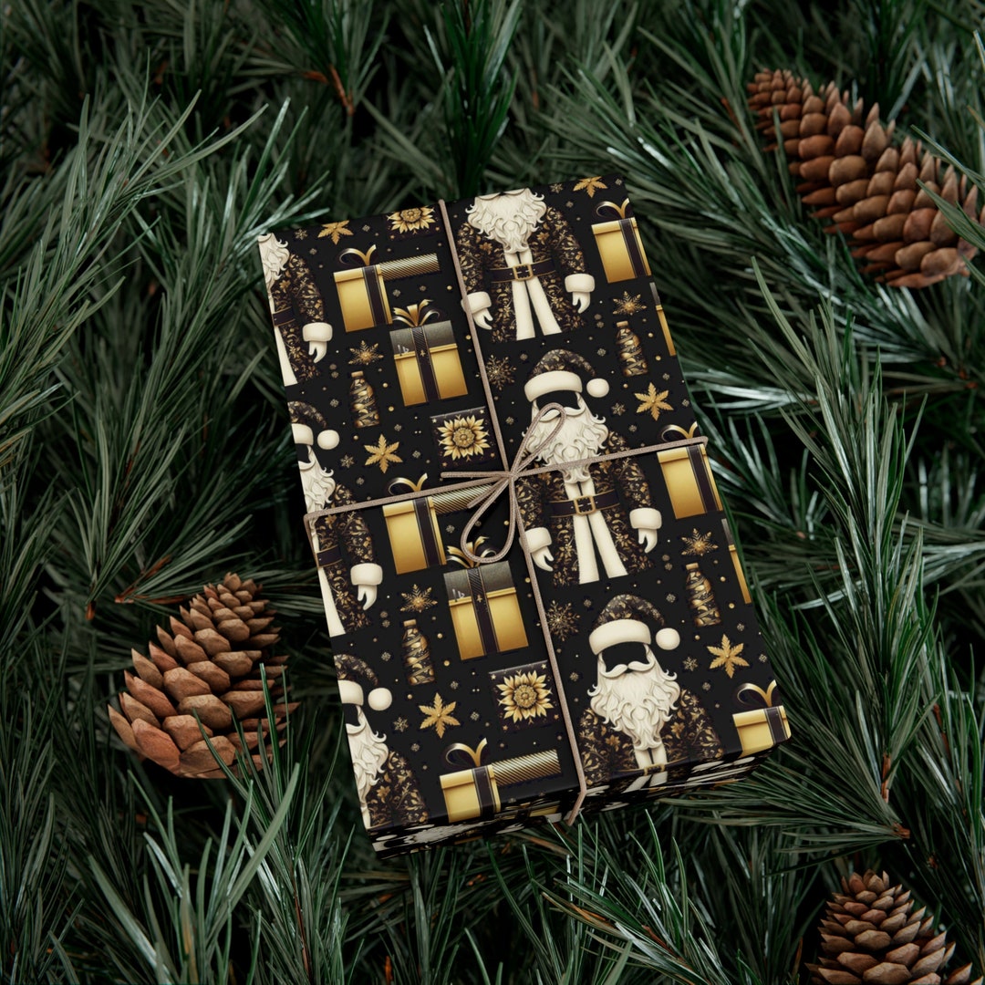 Black Santa Wrapping Paper With Gold Presents - Etsy