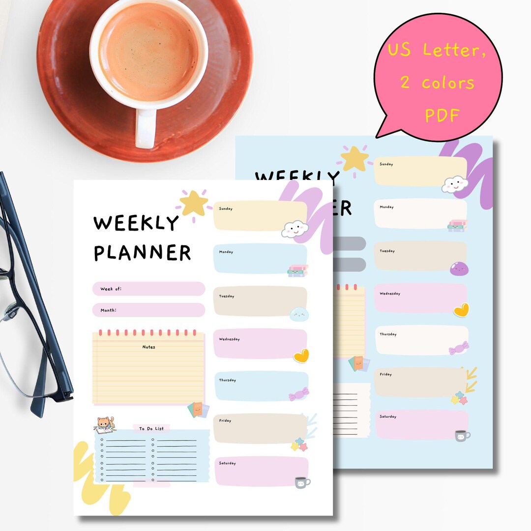 Kawaii Weekly Planner Printable | Cute Weekly Planner PDF | US Letter ...