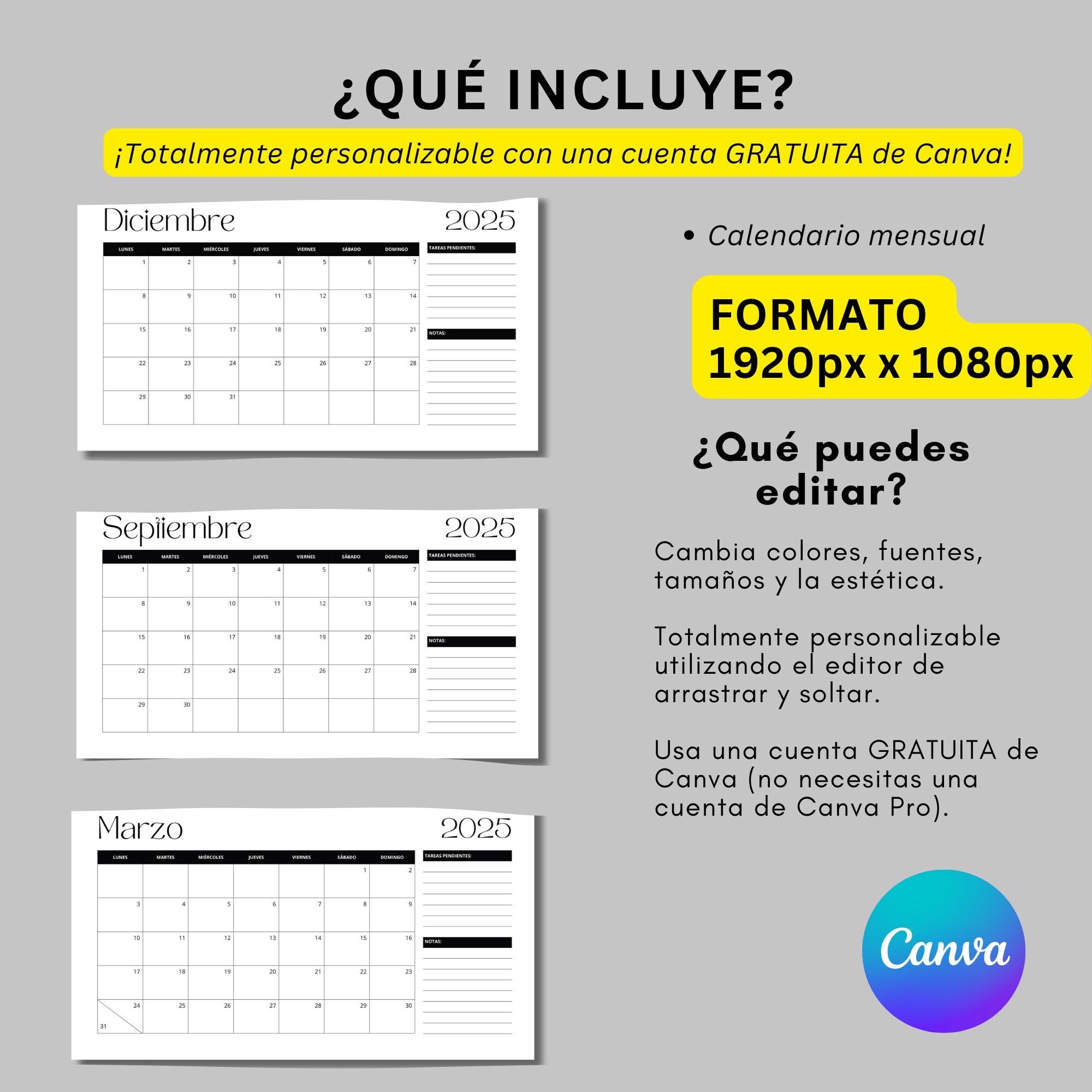Calendario 2025 | Digital Editable En Canva | Planificador Mensual ...