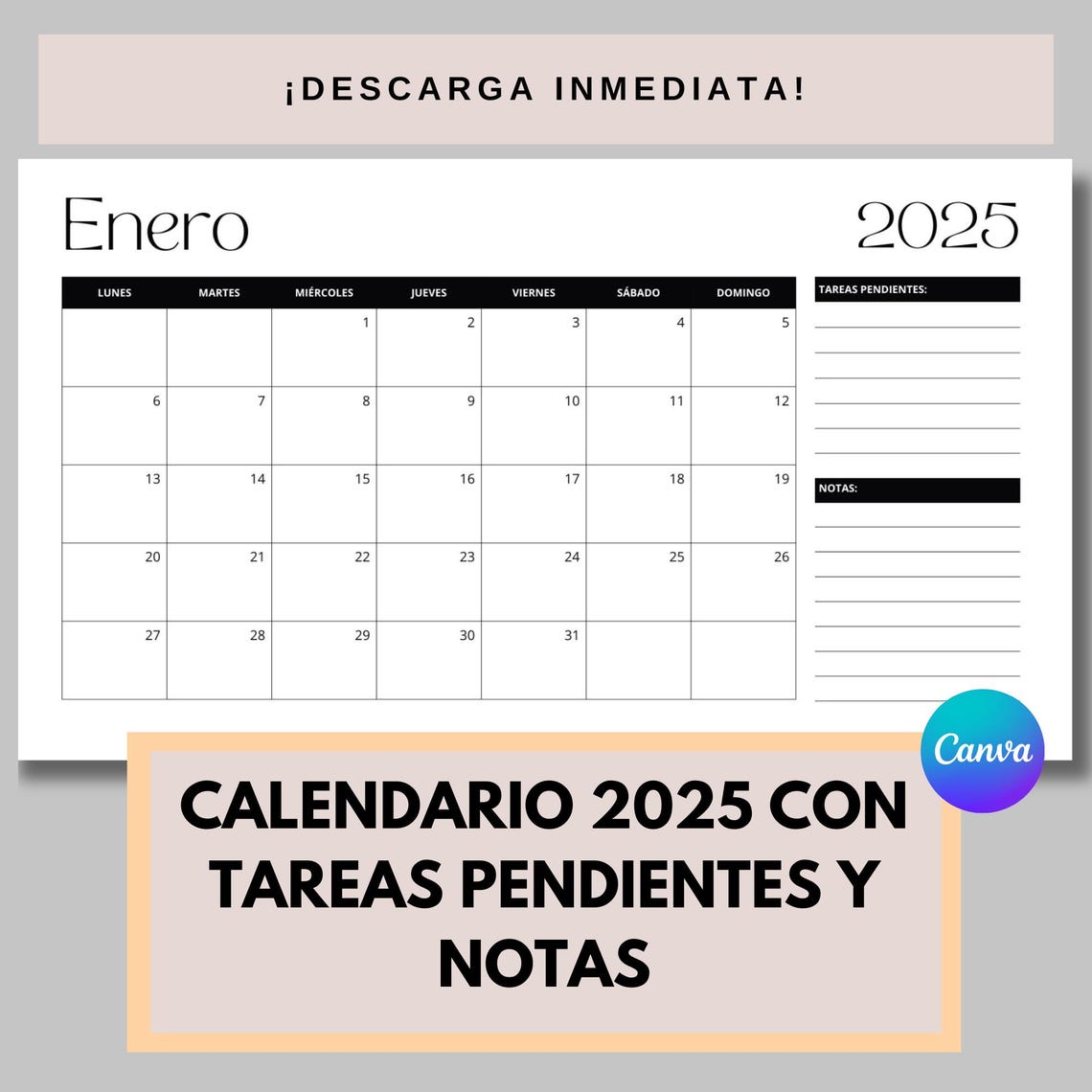 Calendario 2025 | Digital Editable En Canva | Planificador Mensual ...