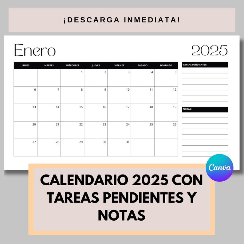 Calendario 2025 | Digital Editable En Canva | Planificador Mensual | Organizador Descargable ...