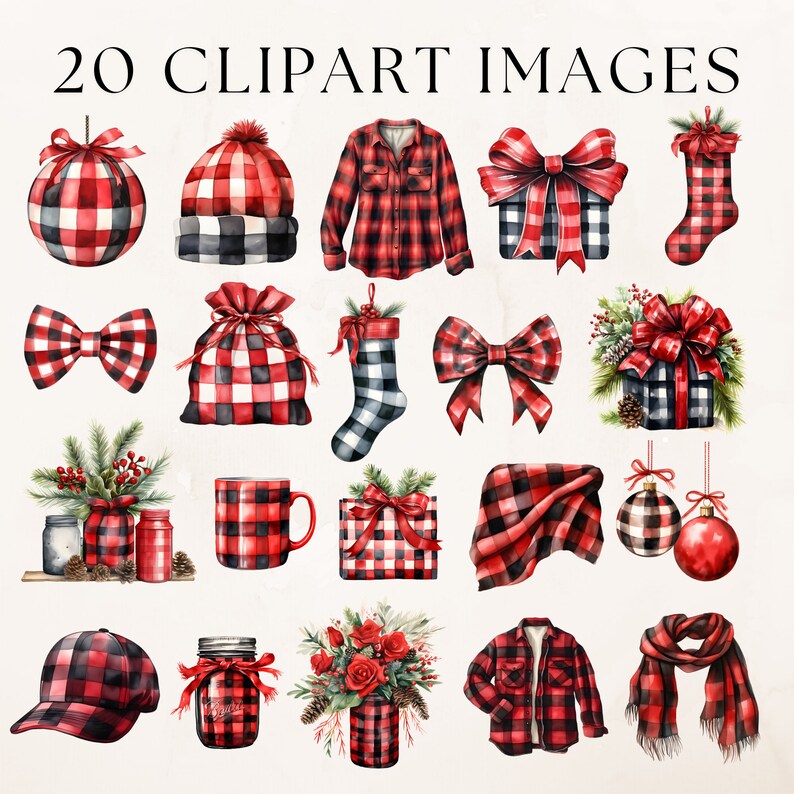 Watercolor Buffalo Plaid Christmas Clipart | 26 IMAGE BUNDLE | for ...