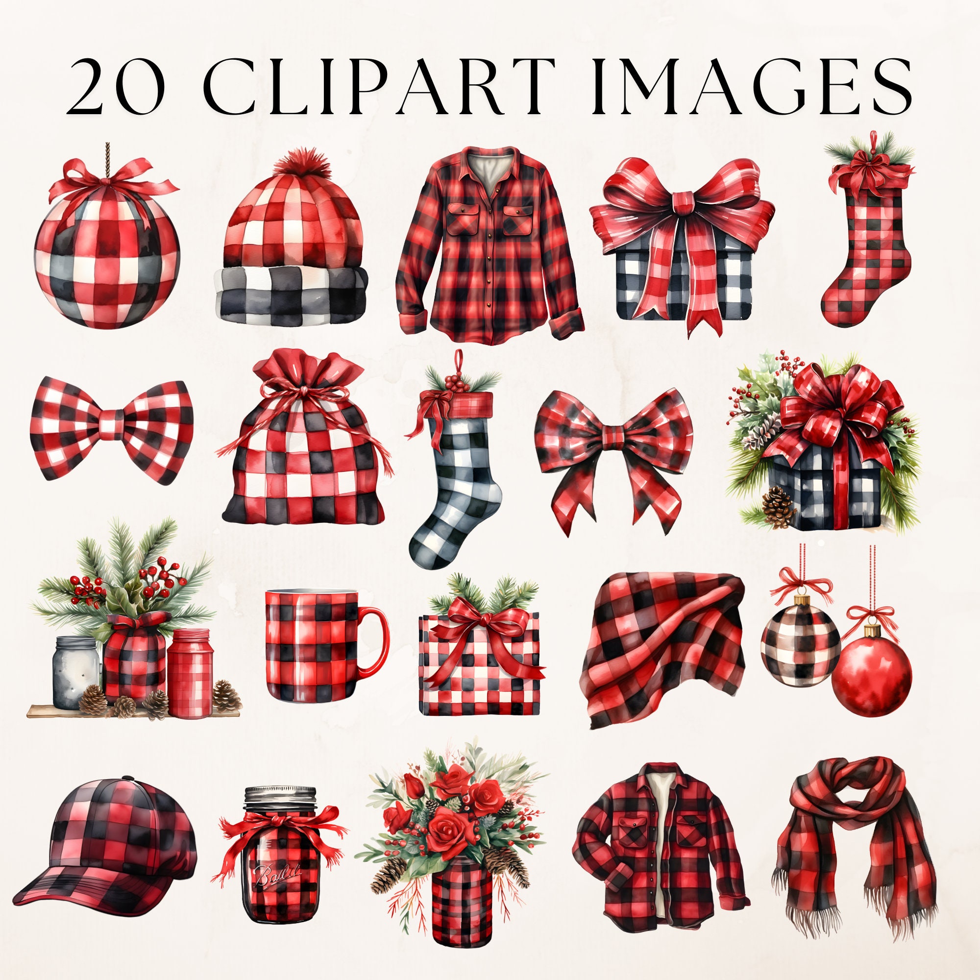 Watercolor Buffalo Plaid Christmas Clipart | 26 IMAGE BUNDLE | for ...