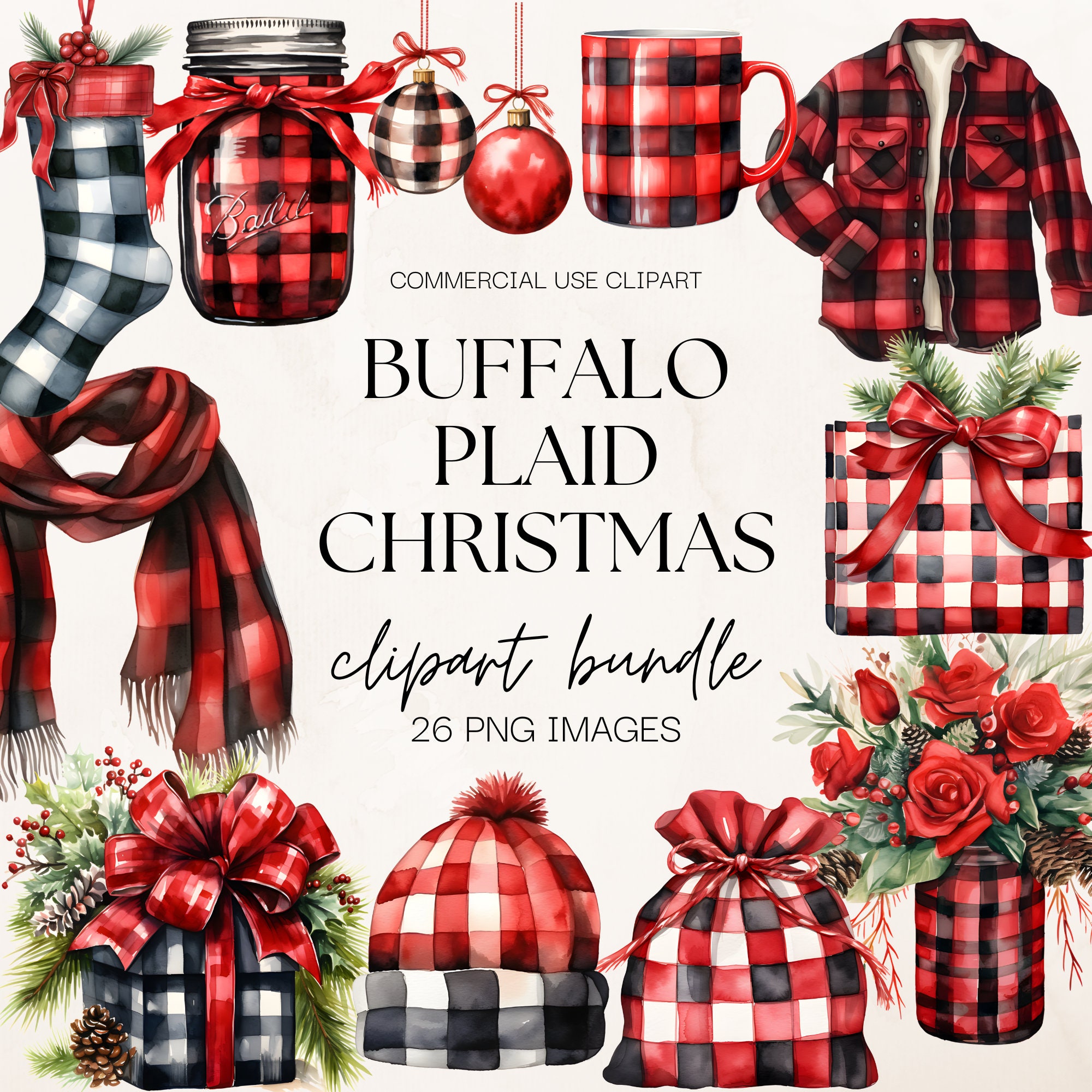 Watercolor Buffalo Plaid Christmas Clipart | 26 IMAGE BUNDLE | for ...