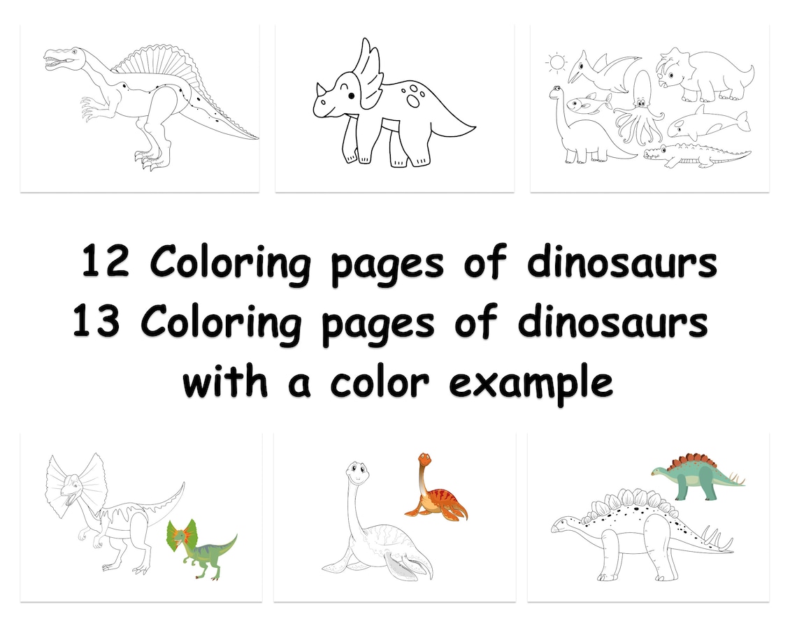 25 Dinosaurs Coloring Pages, Printable Dinosaur Digital Coloring Book ...