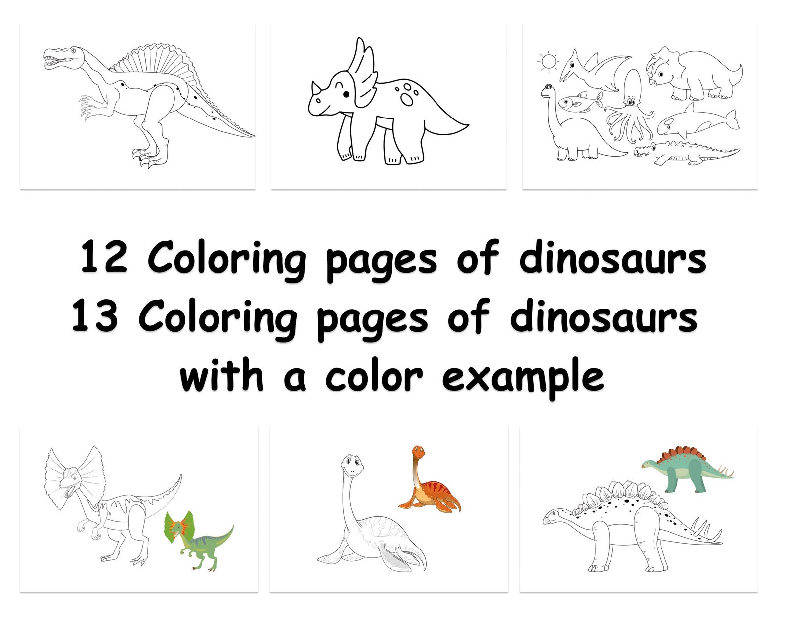 25 Dinosaurs Coloring Pages, Printable Dinosaur Digital Coloring Book ...