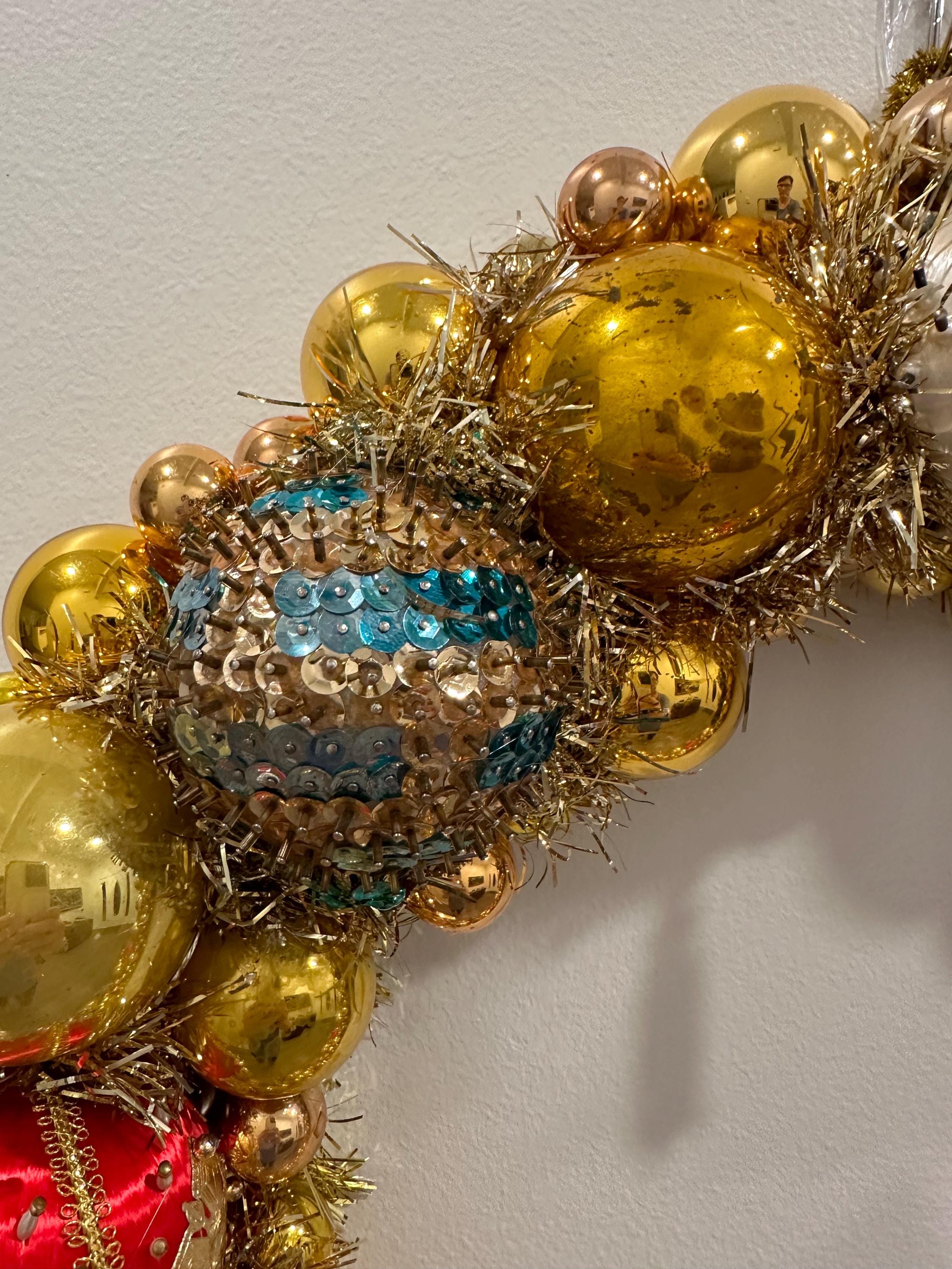 18” Handmade Christmas Push Pin and Gold Ornament Wreath Vintage ...