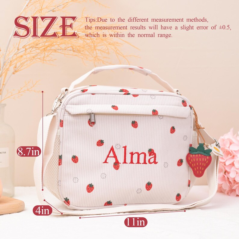 Custom Embroidered Lunch Bag, Floral & Strawberry Insulated Tote, Back ...