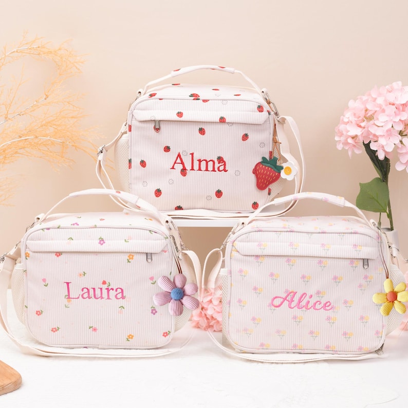Custom Embroidered Lunch Bag, Floral & Strawberry Insulated Tote, Back ...