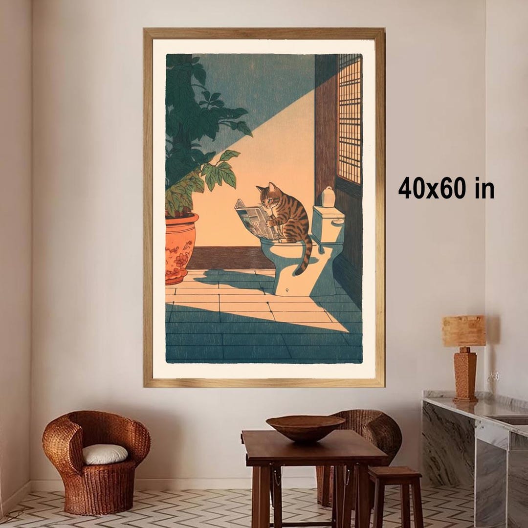 Japanese Tabby Cat Bathroom Art Print, Hiroaki Takahashi Style - Etsy