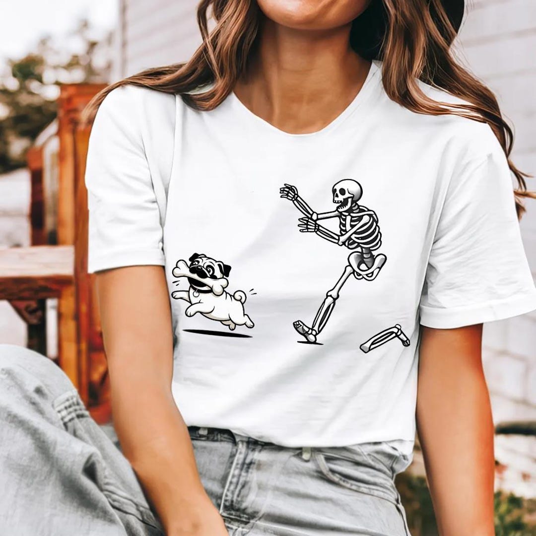 Funny Skeleton Chasing Pug T-shirt, Cute Halloween Pug Shirt, Spooky ...