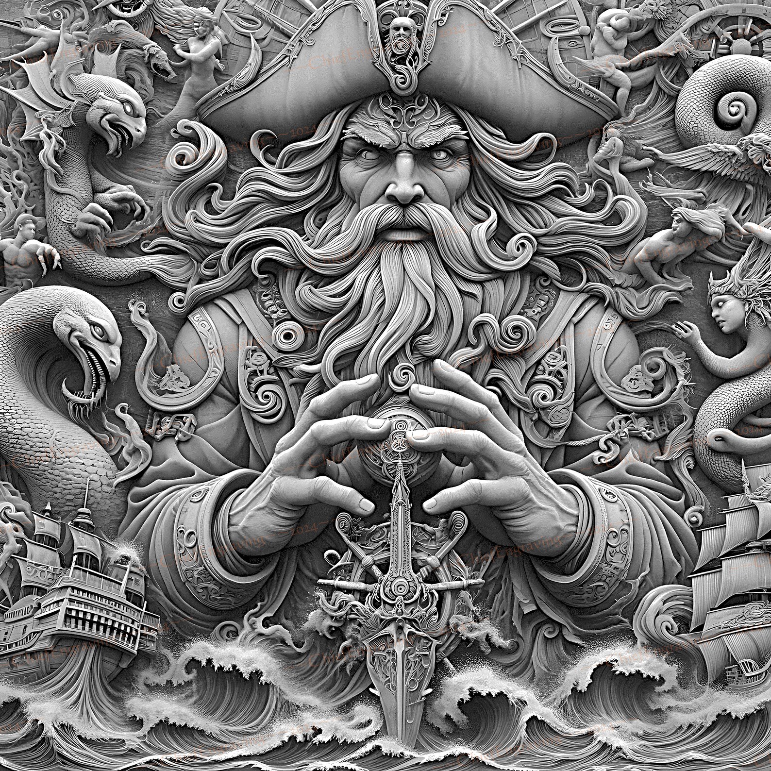 Pirate God Digital Art | Laser Engraving PNG Files | Mythical Sea Deity ...