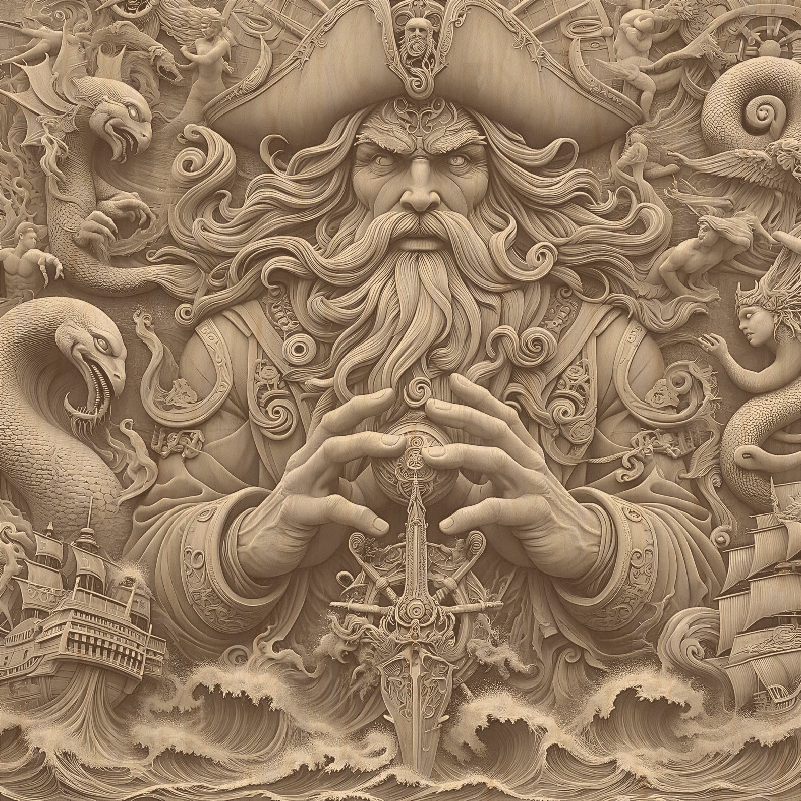 Pirate God Digital Art Laser Engraving PNG Files Mythical Sea Deity ...