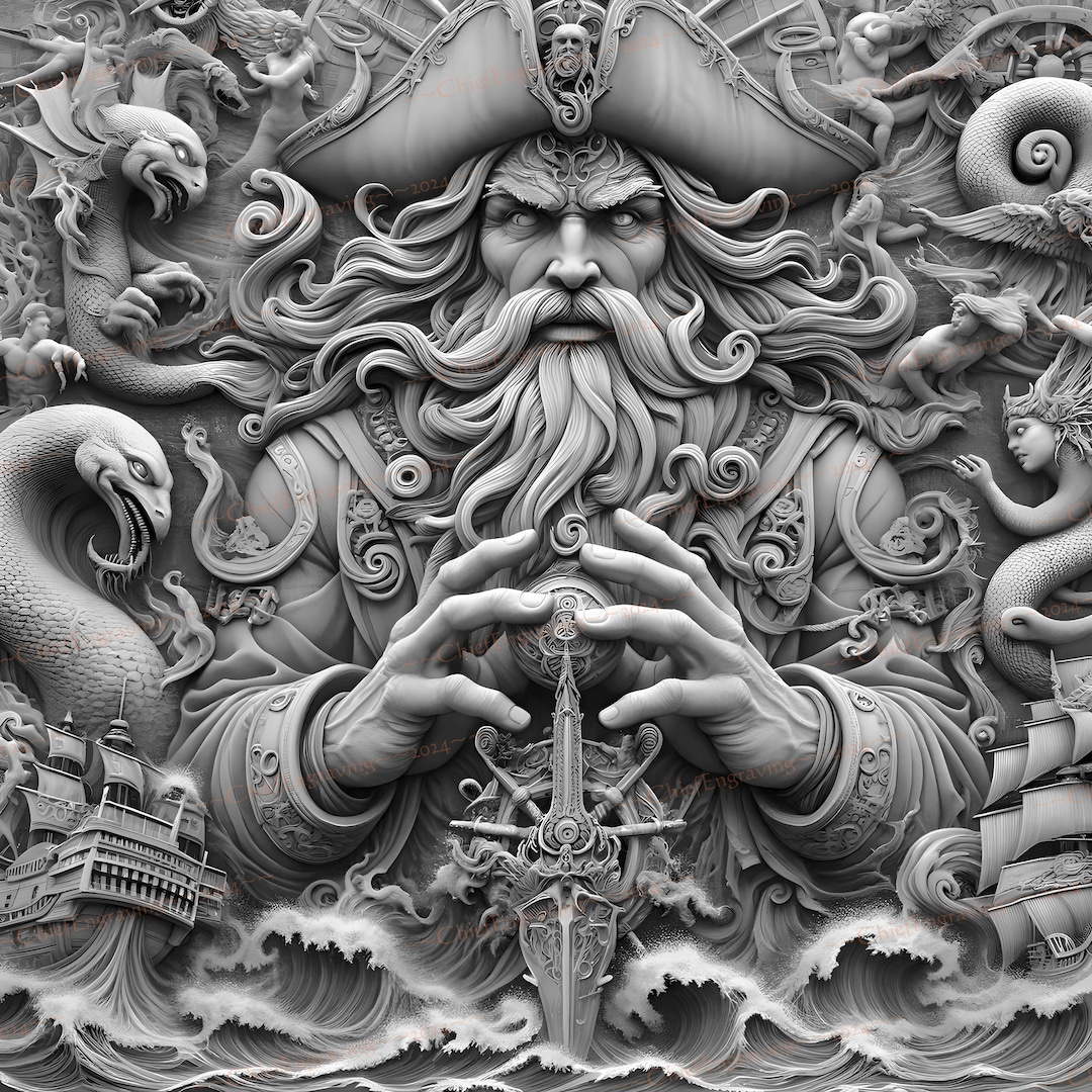 Pirate God Digital Art | Laser Engraving PNG Files | Mythical Sea Deity ...