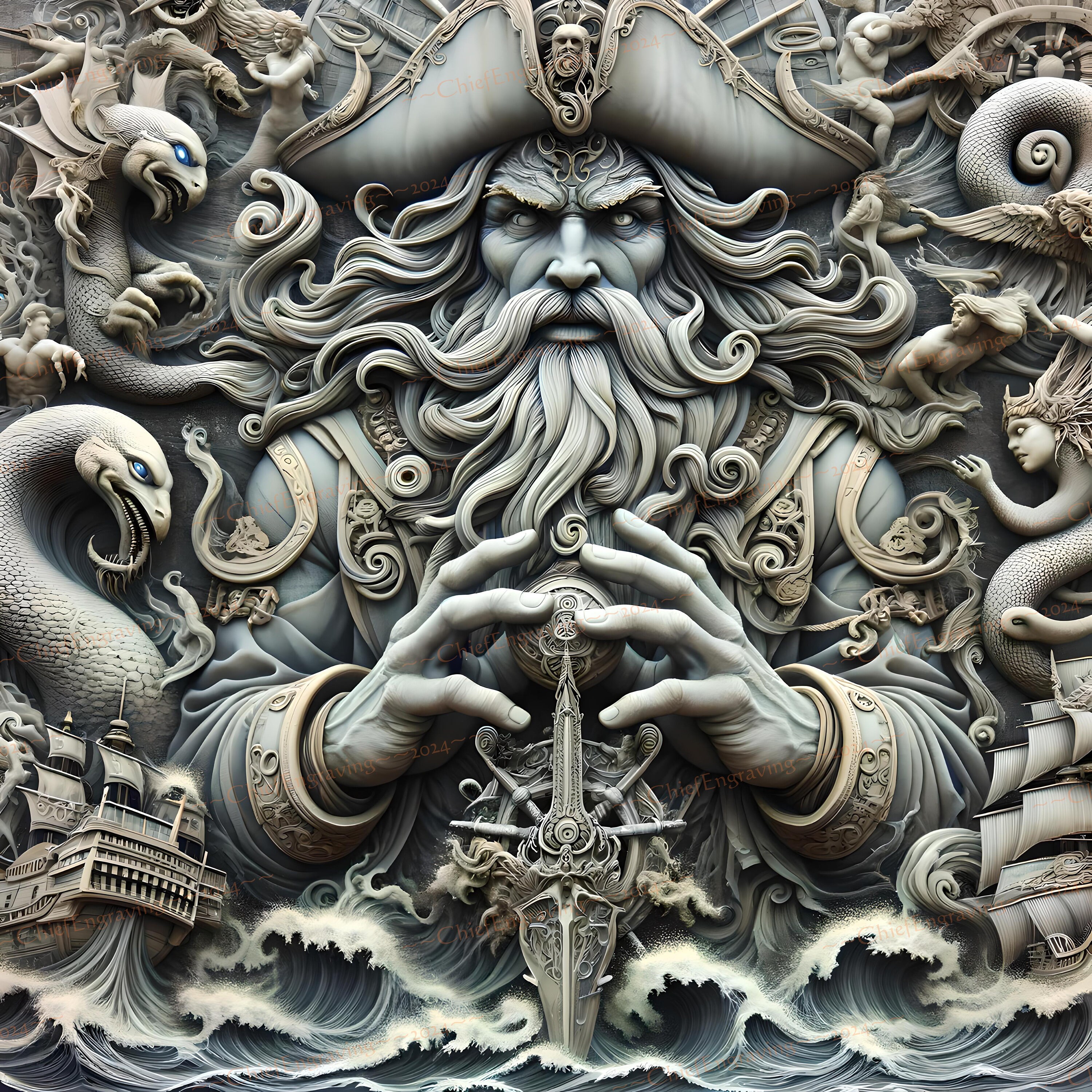 Pirate God Digital Art | Laser Engraving PNG Files | Mythical Sea Deity ...
