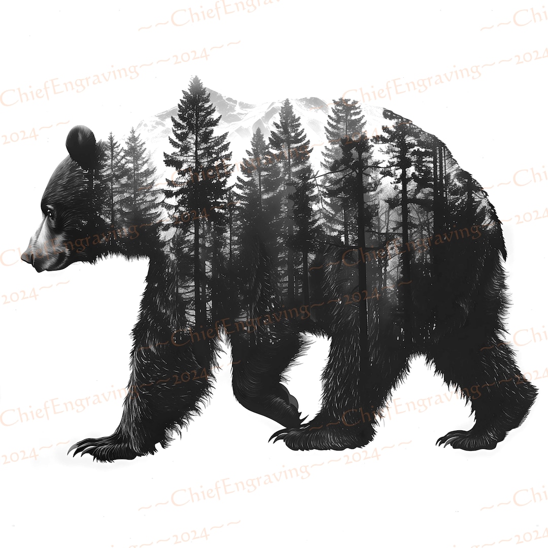 Bear Silhouette Forest Scene PNG | Detailed Laser Engraving File ...