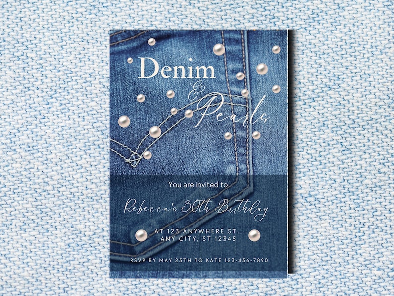 Denim and Pearls Digital Invitation - Adults Birthday - Blue Jeans ...