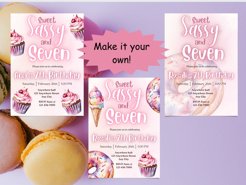 Sweet Sassy Seven 7th Birthday Invitation: Donuts & Cupcakes (digital ...