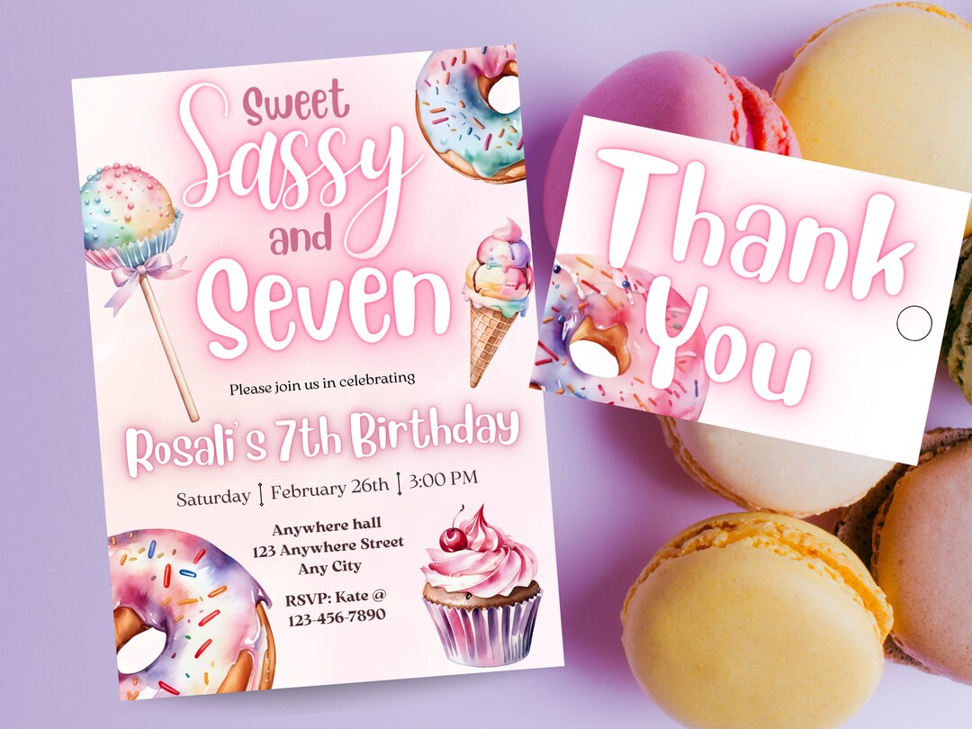 Sweet Sassy Seven 7th Birthday Invitation: Donuts & Cupcakes (digital ...