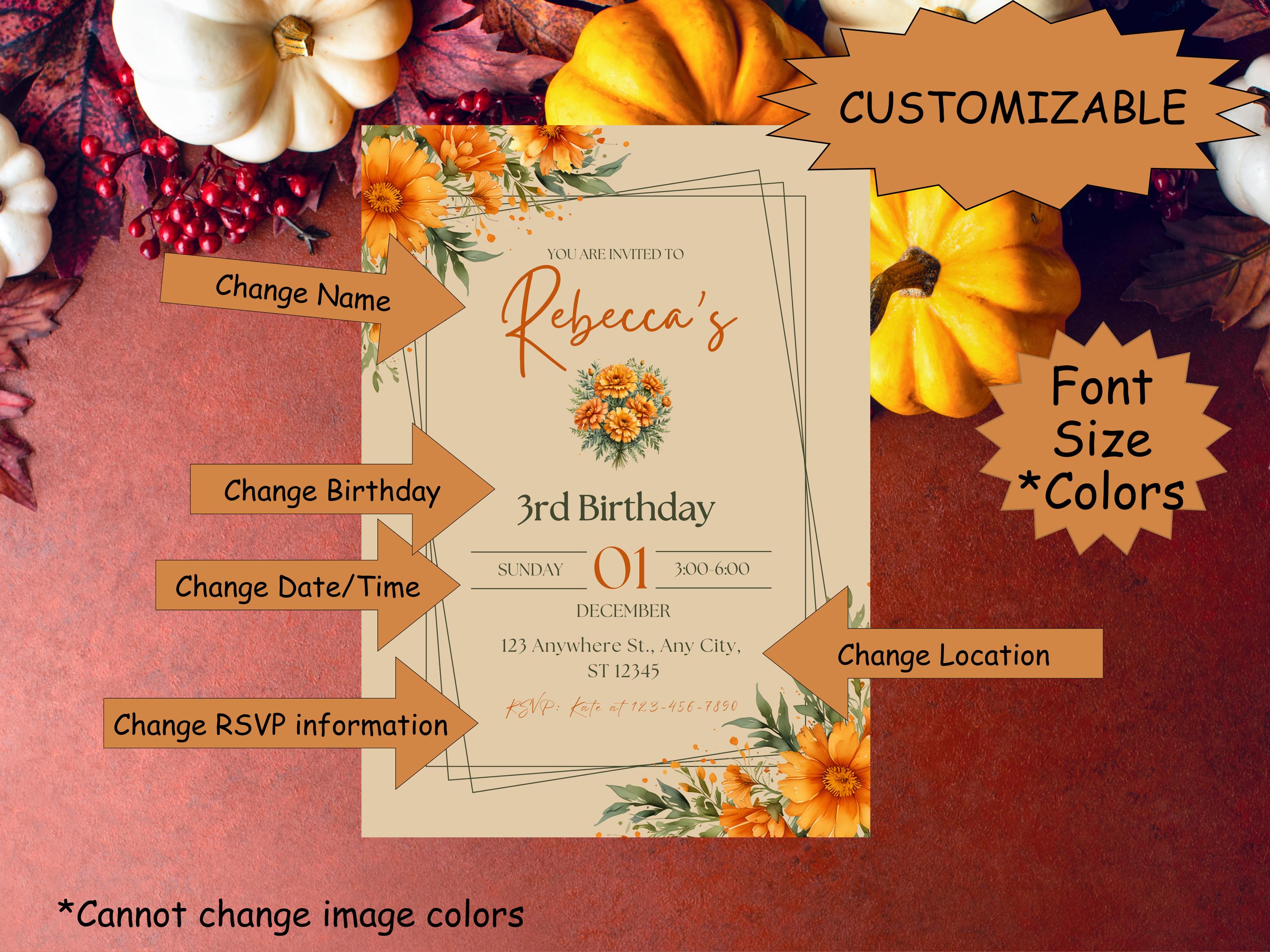 October Marigold Birthday Invitation: Editable Template (digital ...