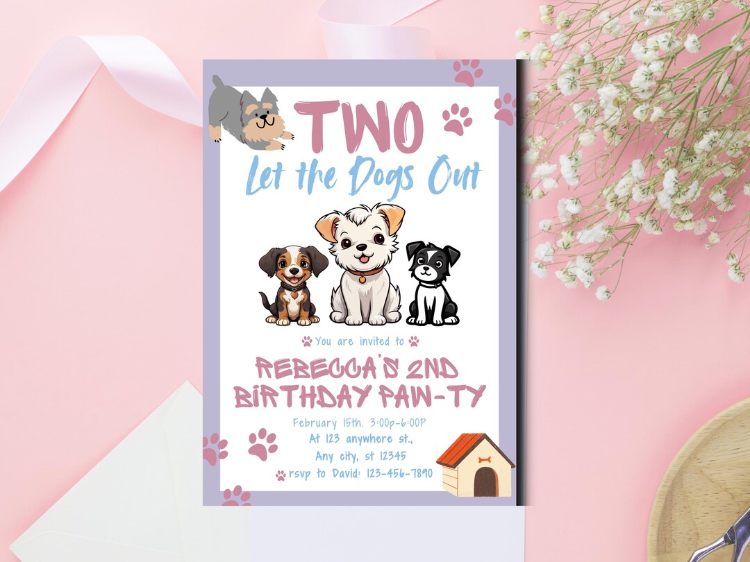 GIRL Two Let the Dogs Out Birthday Invitation - Puppy Party - Custom ...