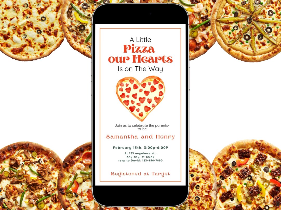 PIZZA OUR HEARTS Baby Shower Evite - Pizza Themed Party - Digital ...