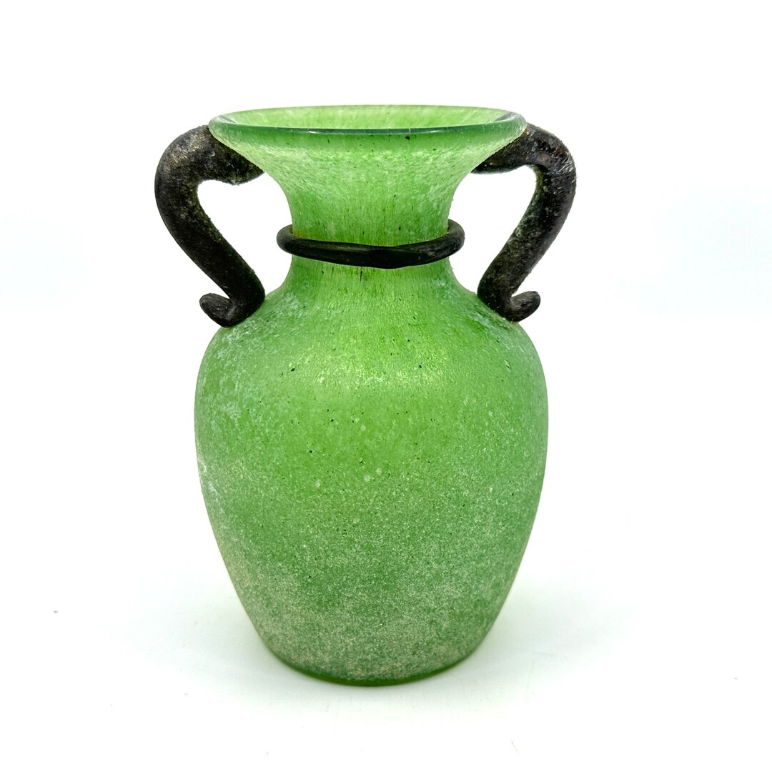 Vintage Sand Frost Glass Vase Urn - Green With Black Handles - Etsy