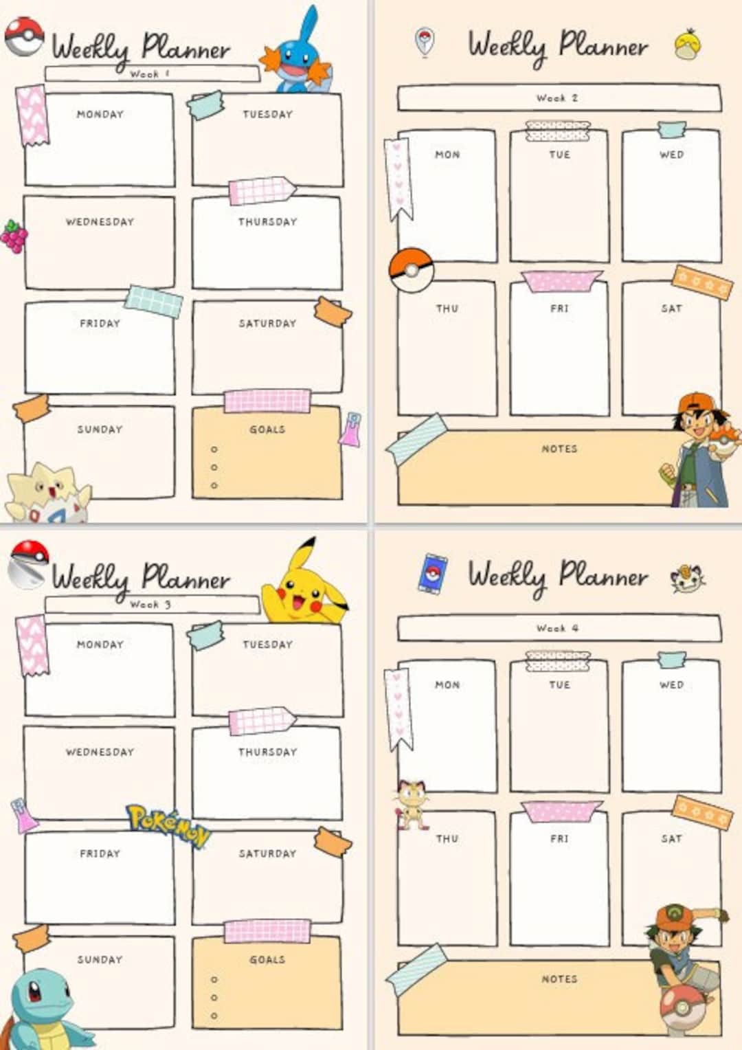 Pokemon Weekly Planner - Etsy