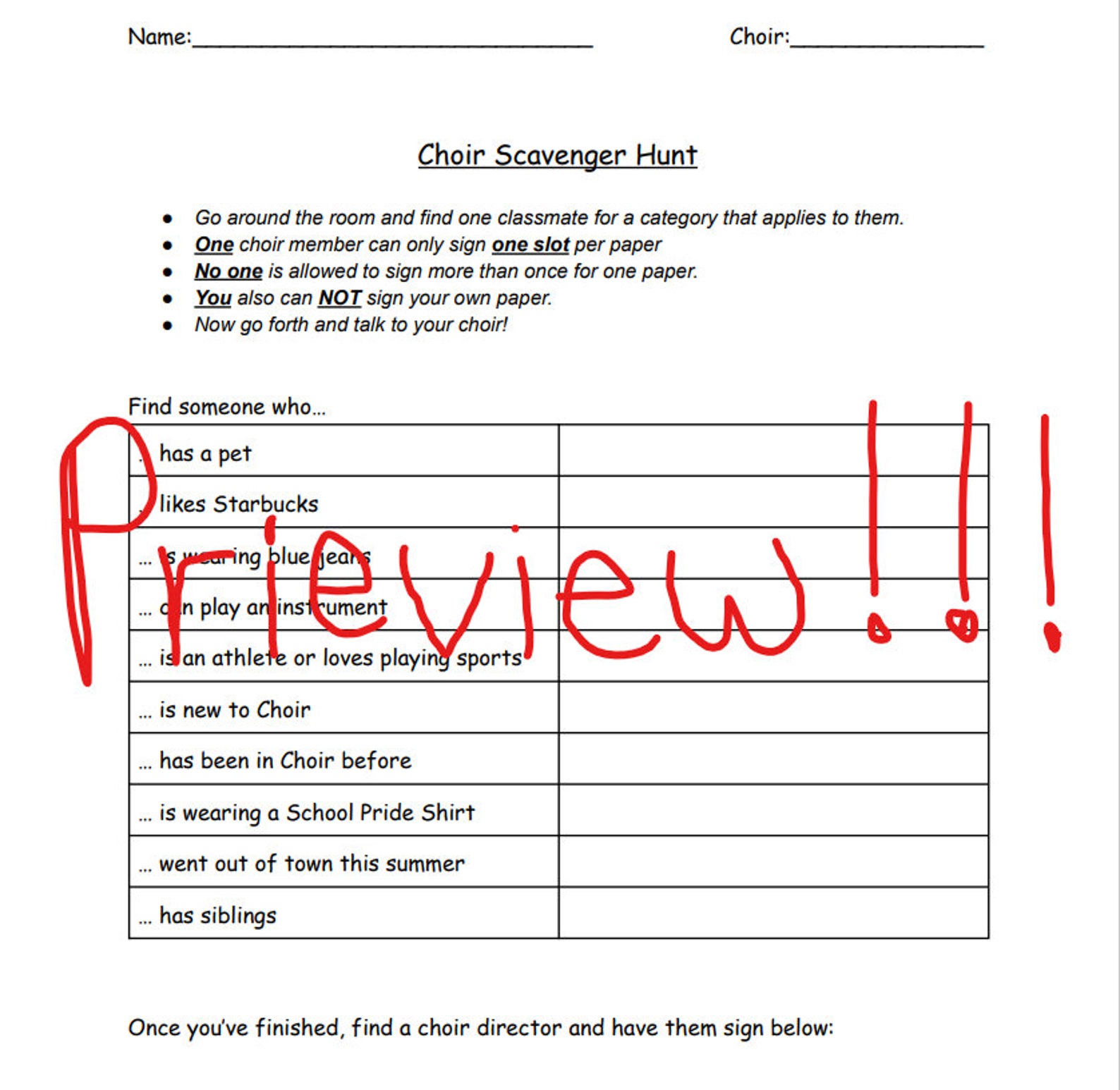 Choir Icebreakers scavenger Hunt - Etsy