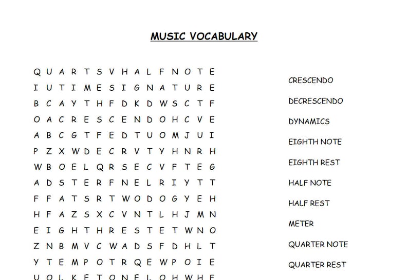 Music Themed Word Search Worksheets - Etsy