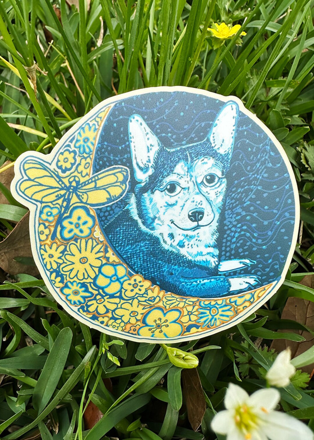 Floral Spiritual Dragonfly Corgi Dog Bluey Moon Sticker, Laptop ...