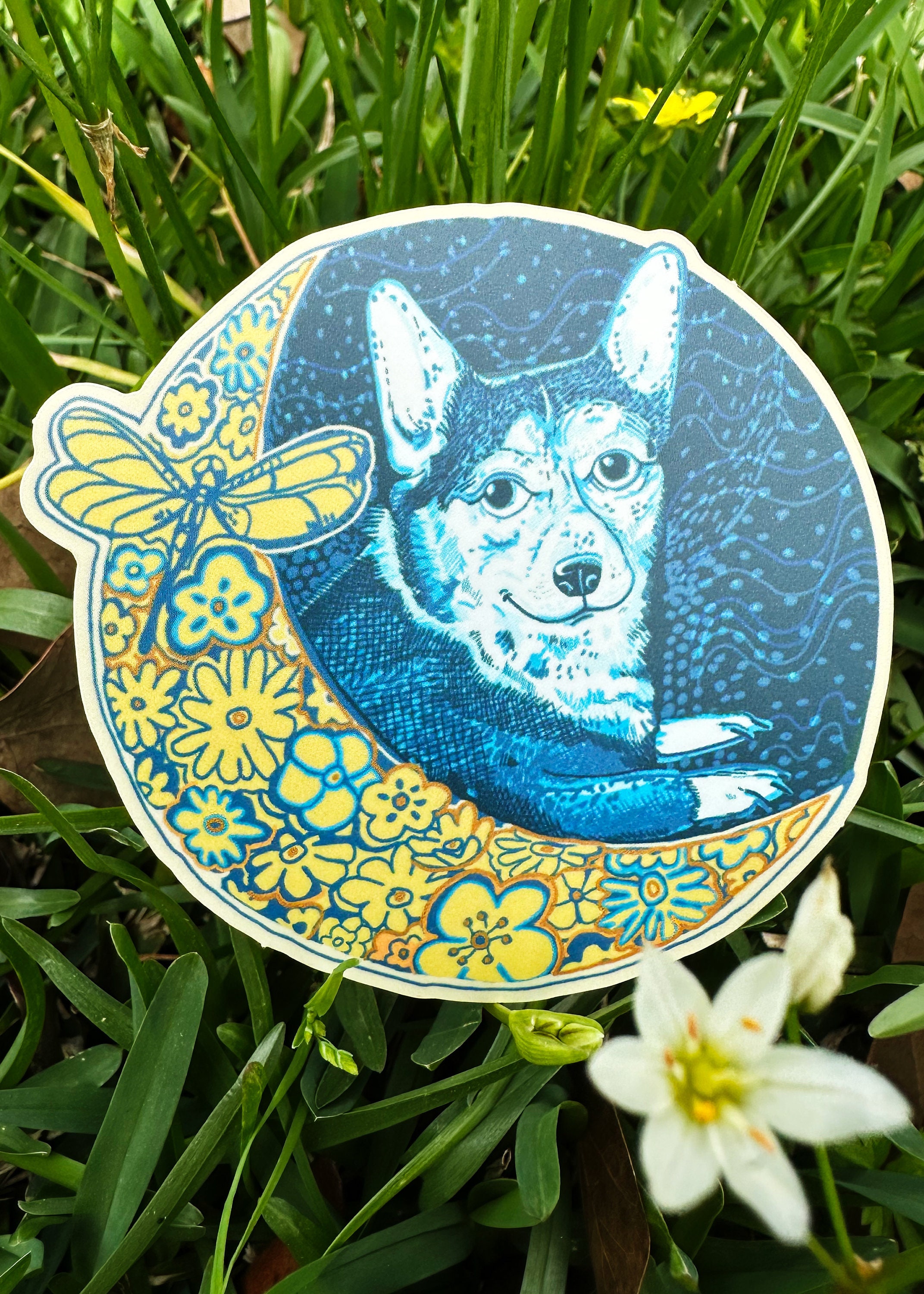 Floral Spiritual Dragonfly Corgi Dog Bluey Moon Sticker, Laptop ...