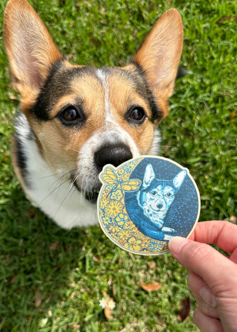 Floral Spiritual Dragonfly Corgi Dog Bluey Moon Sticker, Laptop ...