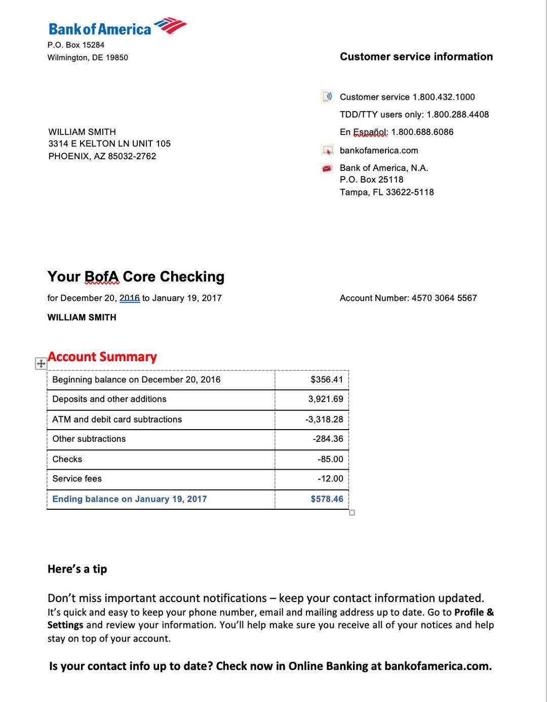 Bank of America Bank Statement Summary, Editable Bank Statement ...