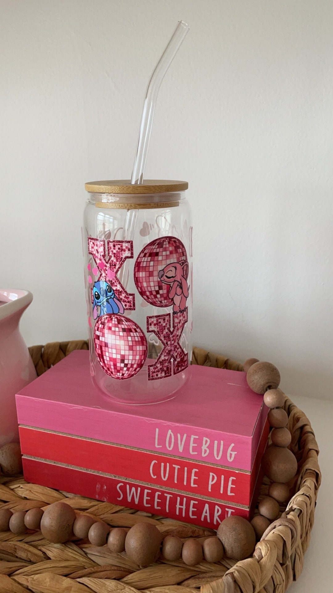 Stitch and Angel XOXO Glass Can, 16 Oz Valentines Day Cup, Glass Cup ...