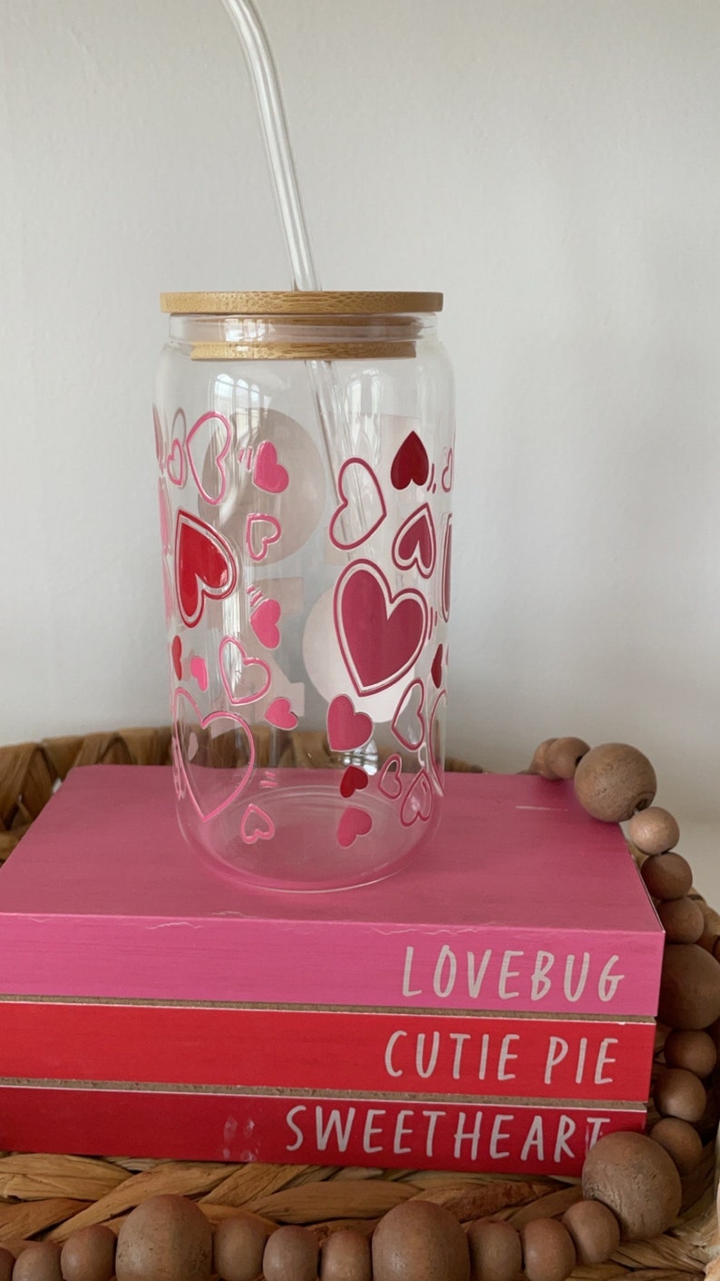 Stitch and Angel XOXO Glass Can, 16 Oz Valentines Day Cup, Glass Cup ...