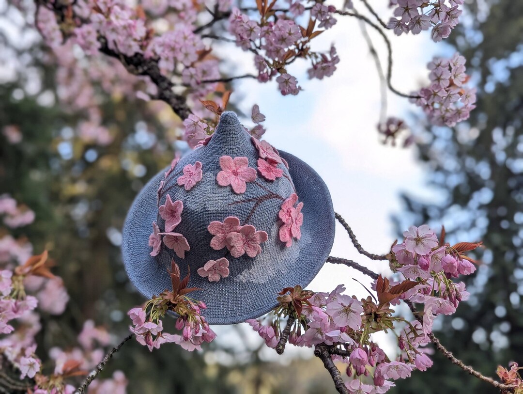 Cherry Blossom Pixie Hat - "spring Sky" Hand Painted Felt Cherry Blossom Flowers Hat With ...
