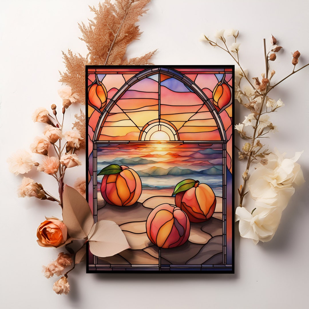 Peaches on the Beach Sunset Watercolor Stained Glass Greeting Card ...