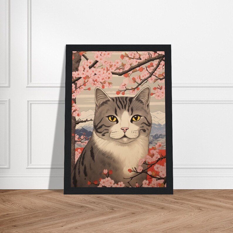 Wood Framed Ukiyo-e Cat Woodblock Print Style Art Premium Matte Paper ...