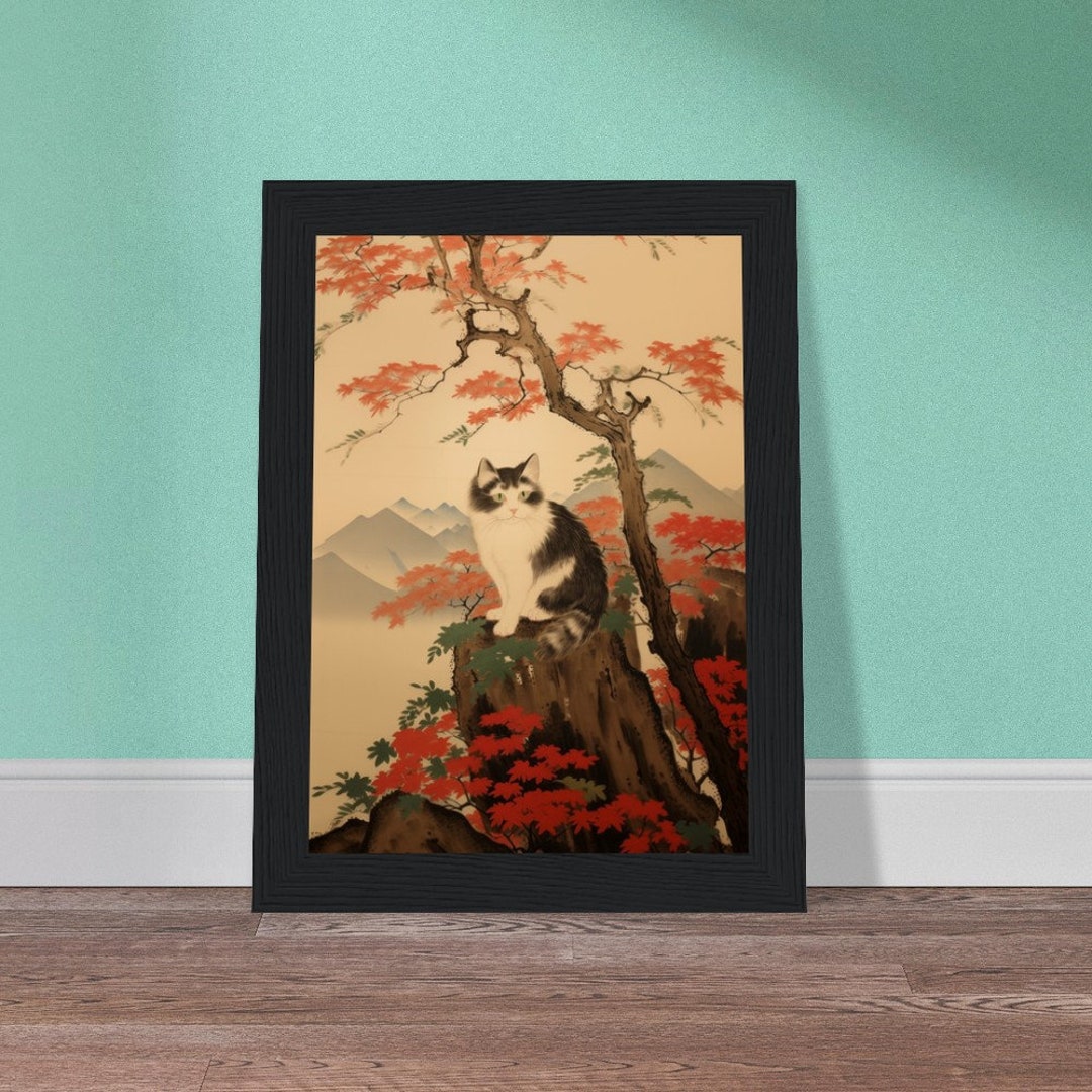 Wood Framed Ukiyo-e Cat Woodblock Print Style Art Premium Matte Paper ...