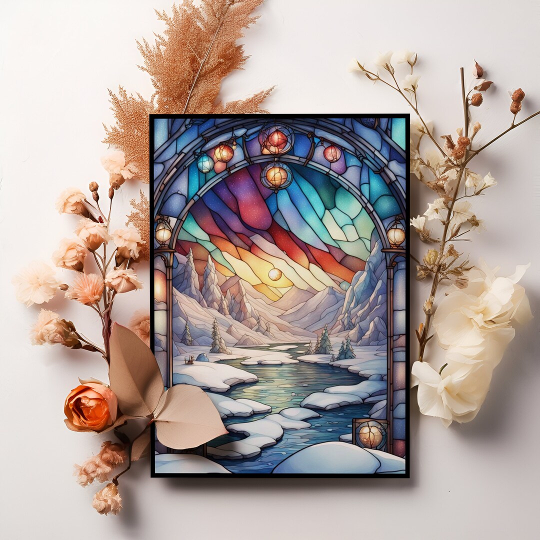 Northern Lights Snowy Mountain Scenery Watercolor Stained Glass ...