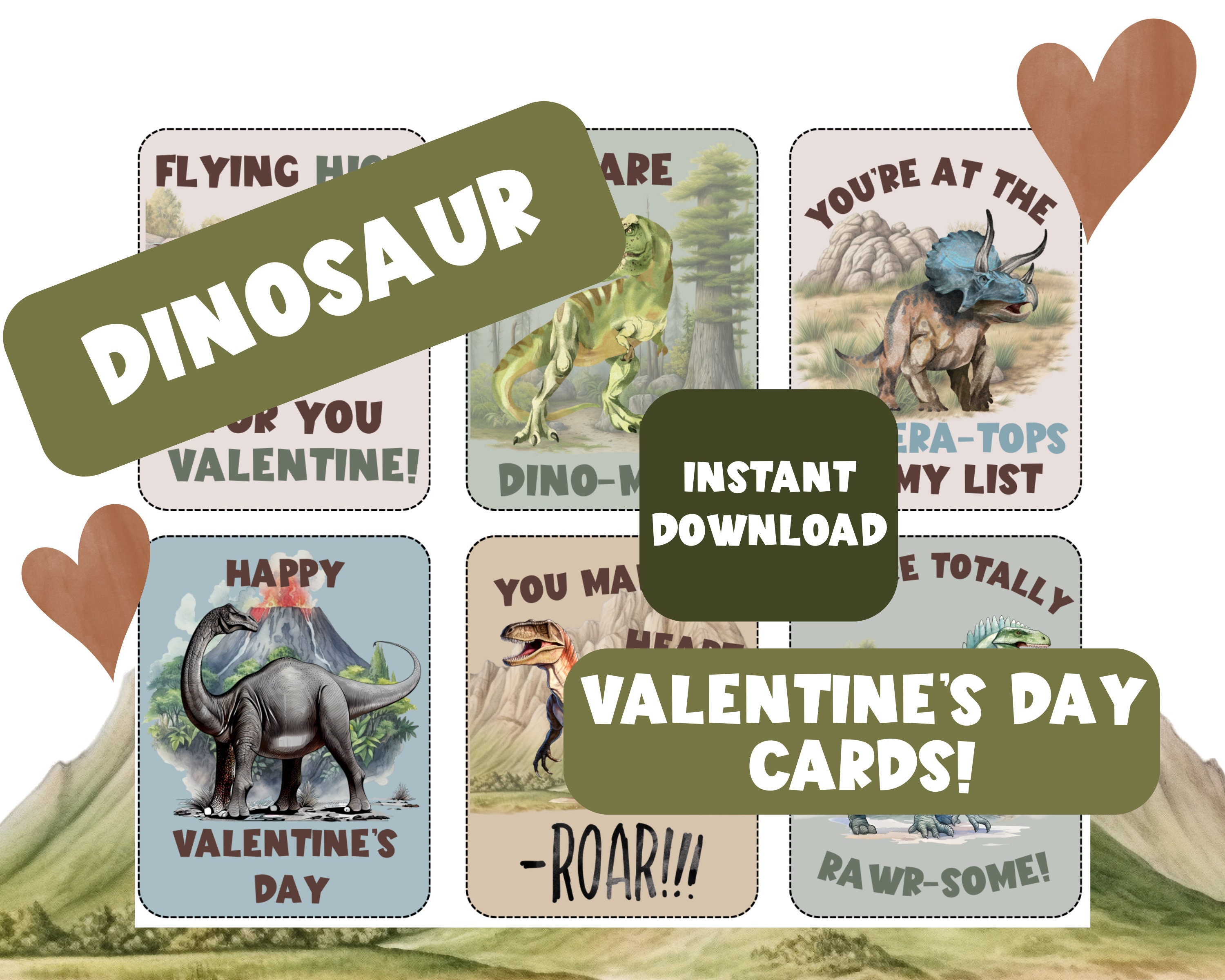 Printable Dinosaur Valentine's Day Cards , Set of 6, Classroom ...